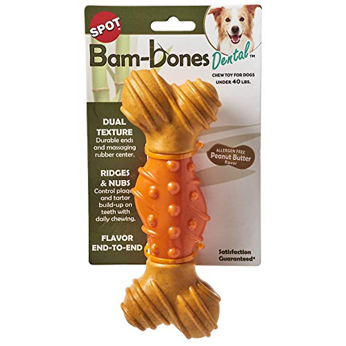 SPOT Bam-Bones Dental Bone - Made with Bamboo Fiber and a Massaging Rubber Center, Durable Oral Care Dog Chew for Light Chewers & Teething Puppies Under 40lbs, 7in, Allergen Free Peanut Butter Flavor