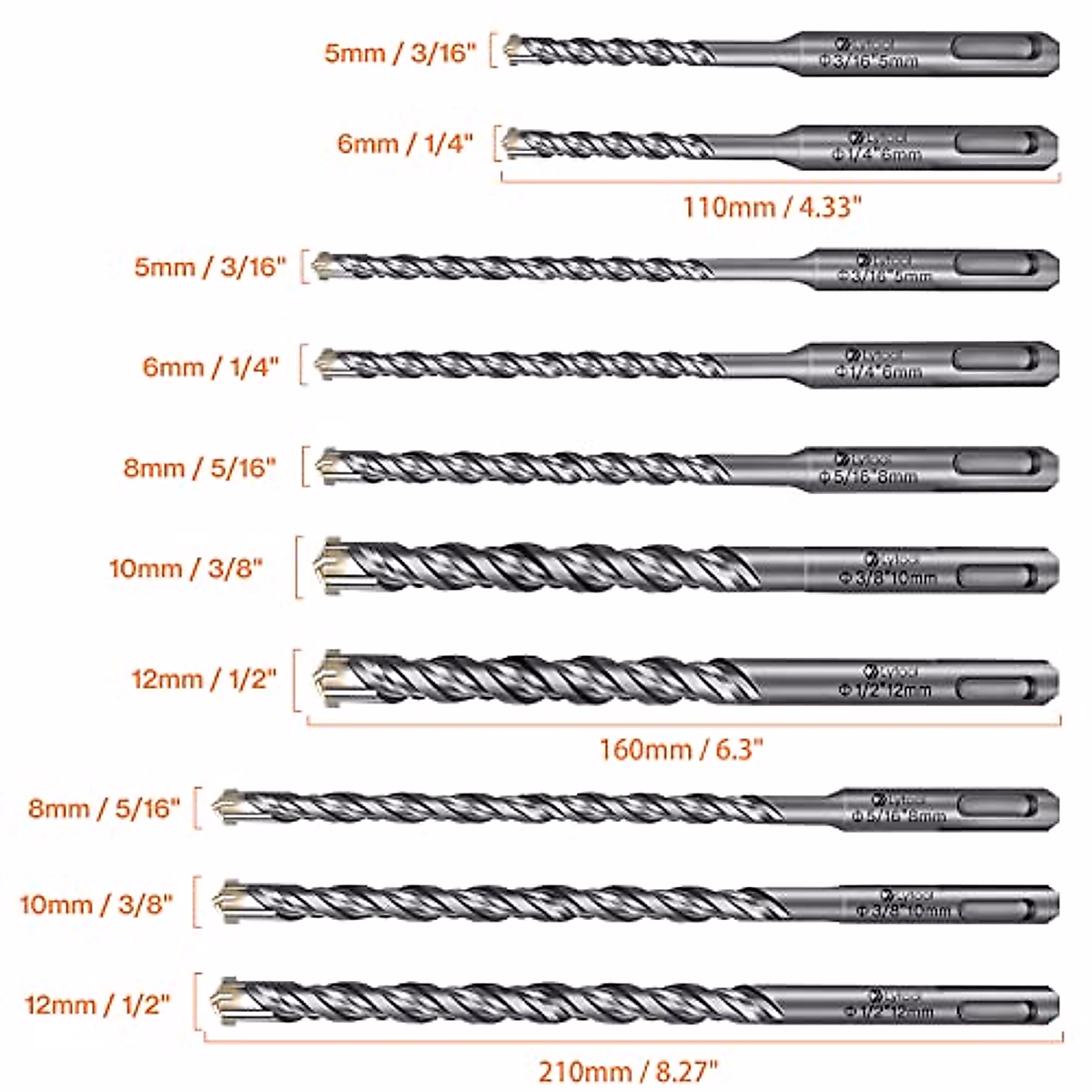 Lytool SDS Plus Drill Bits Set, 10Pcs Rotary Hammer Bits Set, Carbide Bits Tipped for Masonry, Ceramic Tile, Walls, Brick, Marble, Stone, Drill Bits for Impact Drill(3/16'',1/4'',5/16'',3/8",1/2")