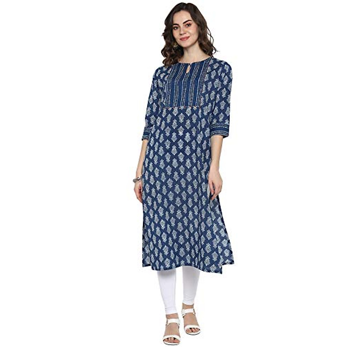 Janasya Women's Blue Printed Cotton Kurta