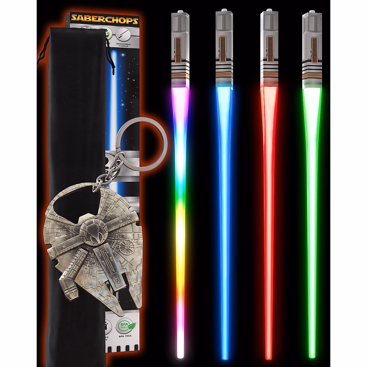 Lightsaber Chopsticks Light Up Star Wars LED Reusable 9 Colors 2 PAIRS FREE Millennium Falcon Keychain Bottle Opener