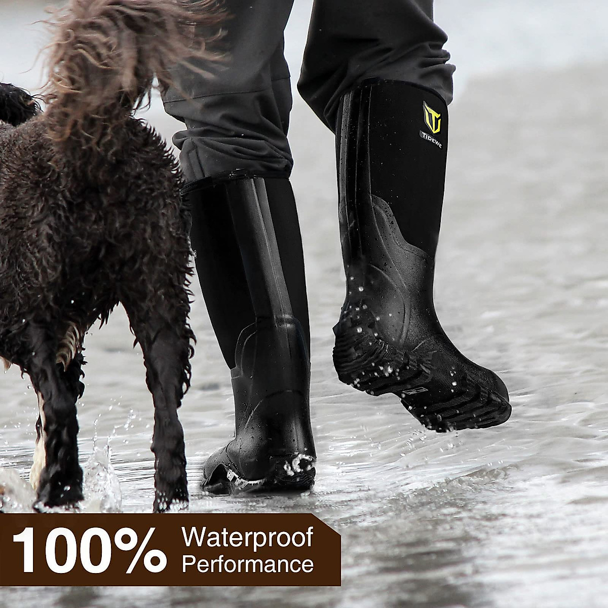 TIDEWE Rubber Boots for Men Multi-Season, Waterproof Rain Boots with Steel Shank, 6mm Neoprene Sturdy Rubber Outdoor Hunting Boots Size 11 (Black)