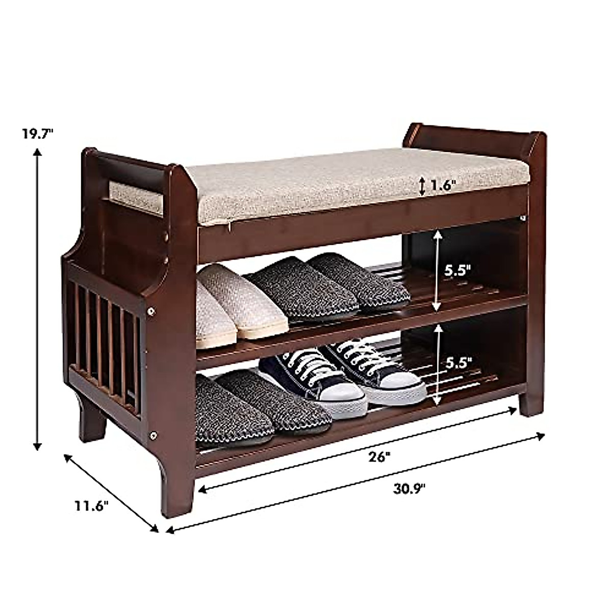 PATEWIN Bamboo Shoe Storage BenchShoe Rack Bench 2 Tier Entryway Shoe Bench with Shoe Organizer Drawers and Umbrella Stand for Living Room Bedroom and Bathroom (30.9Inchx11.6Inchx19.69Inch)