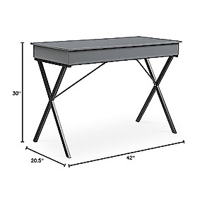 HomSof Frost Grey Finish 2 Drawers Writing Desk with Black Stoving Varnsih Steel Frame，MDF Table Top, Gray,42"