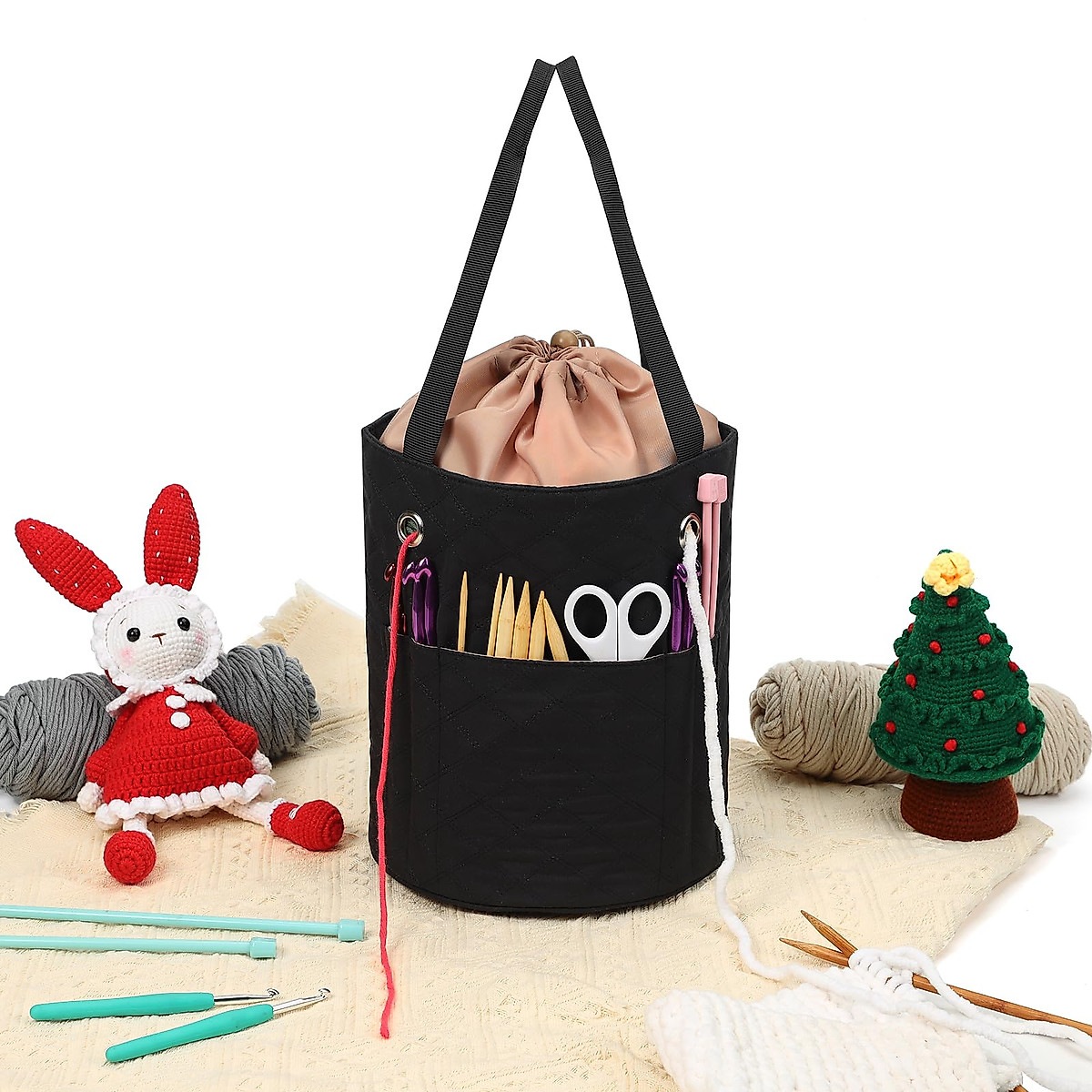 HOMEST XL Yarn Storage Tote, Tangle Free with 6 Oversized Grommets, Knitting and Crochet Organizer, Large Craft Supplies Bag with Drawstring Closure, Ripple (Patent Design)