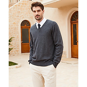 Kallspin Men's Wool Blend V-Neck Sweater Relax Fit Knit Pullover (Charcoal, X-Large)