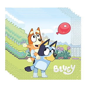 Bluey Dog Birthday Party Supplies Bundle includes Lunch Paper Napkins and 1 Esave Dinosaur Sticker Sheet - 32 Napkins