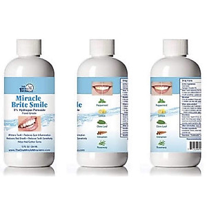 Miracle Brite Smile - 3% Hydrogen Peroxide MedicalFood Grade, Peppermint, Lemon, Clove Leaf, Cinnamon and Rosemary. Organic Essential Oils Leaving a Fresh Breath Mouth. 3 Bottles - 12 oz Bottles.