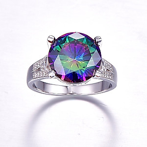 Merthus 12x12mm Round Simulated Mystic Rainbow Topaz 925 Sterling Silver Big Stone Chunky Cocktail Ring for Women Size 7