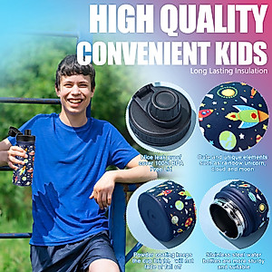 2 Pcs 16 oz Kids Insulated Water Bottle with Wide Handle, Stainless Steel Double Wall Vacuum Leak Proof Kids Bottle, Keep Hot or Cold Cute Metal Water Bottle for School Boys Girls (Vehicle, Planet)