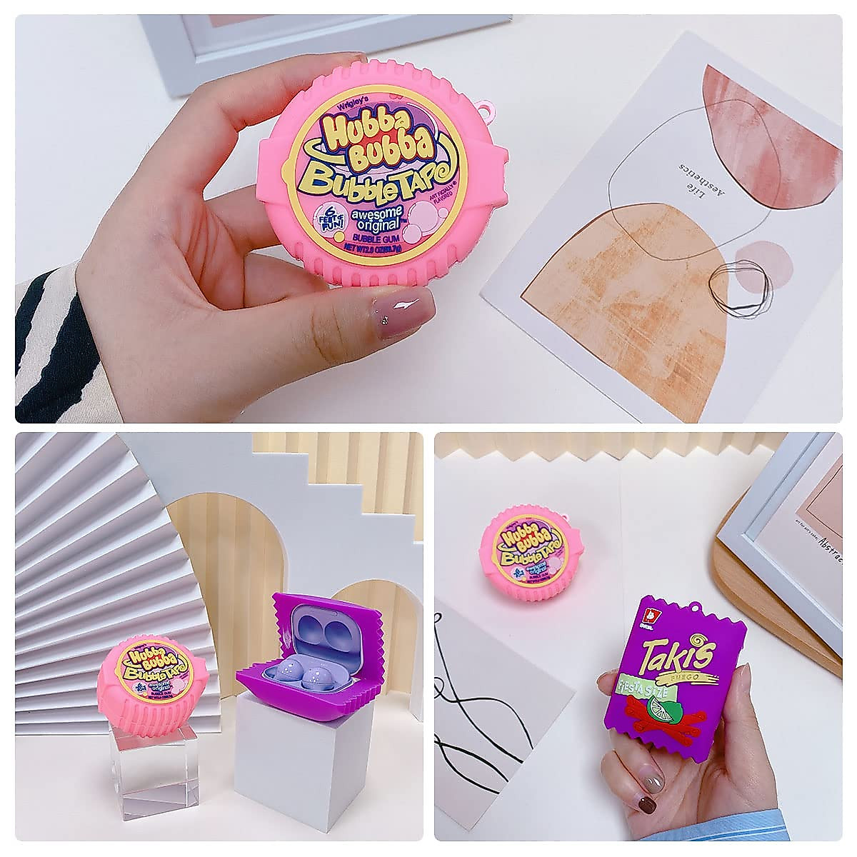 [2Pcs] Cute Case for Galaxy Buds Live Case 2020/Galaxy Buds Pro Case/Galaxy Buds 2 Case 2021, Cute 3D Fun Fashion Food Design Silicone Protective Skin for Girl Boys(Bubble Gum+Purple Potato Chips)