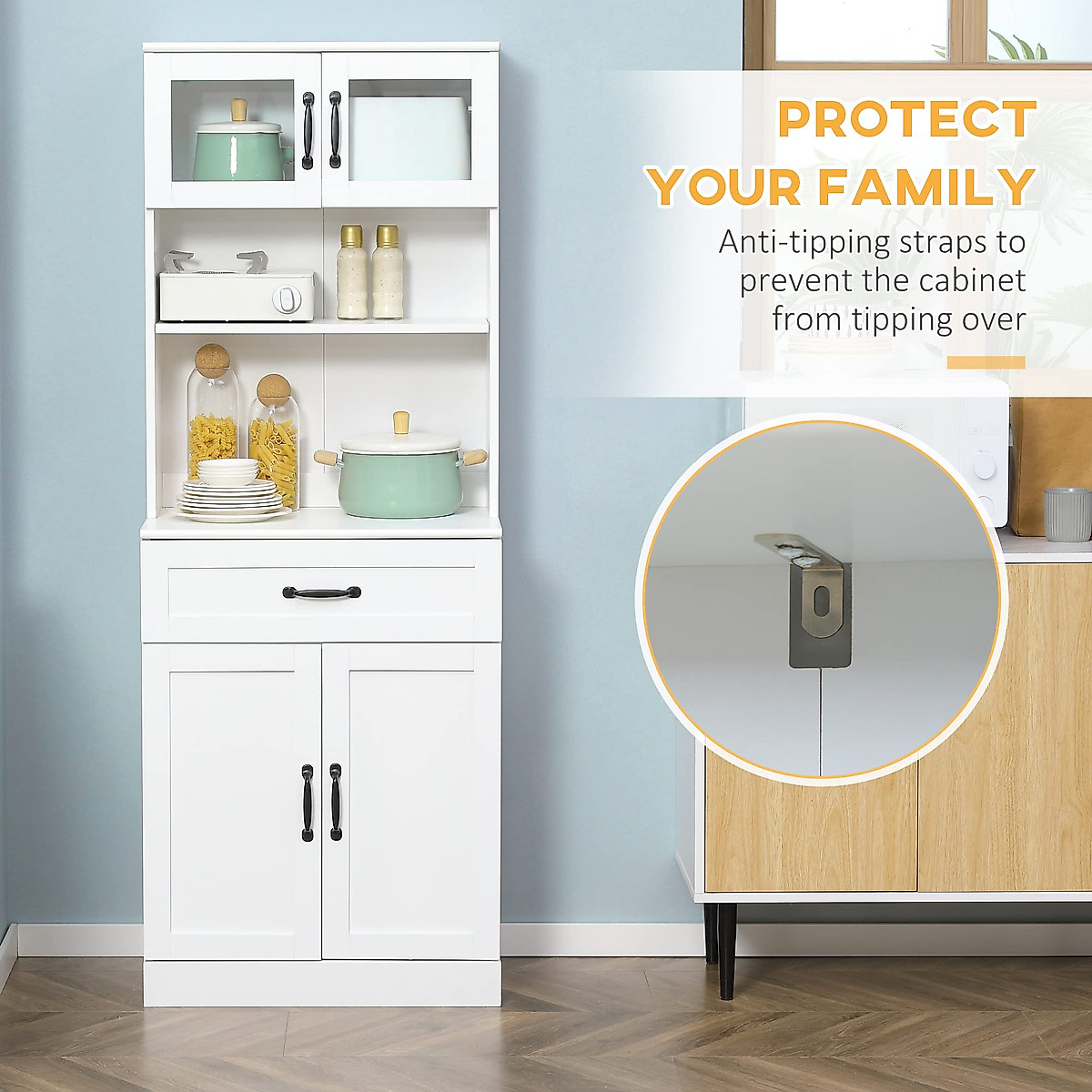 HOMCOM Freestanding Kitchen Pantry, 4-Door Buffet Cabinet with Hutch, Coffee Bar with Adjustable Shelves, 63.5 Inches, White