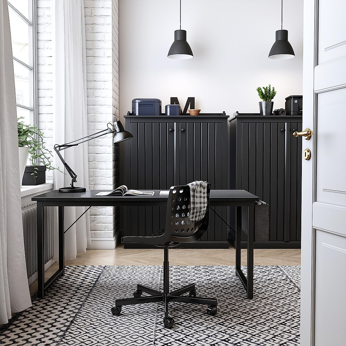 ODK Computer Writing Desk 55 inch, Sturdy Home Office Table, Work Desk with A Storage Bag and Headphone Hook, Vintage