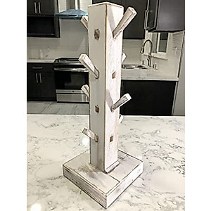 16" Solid Wood Coffee Mug Stand | Coffee Mug Tree | Coffee Mug Rack | Coffee Cup Holder | Adjustable / Removable Hooks | Holds 10 Mugs | Collapsible for Storage | Jewelry / Watch Organization (White)