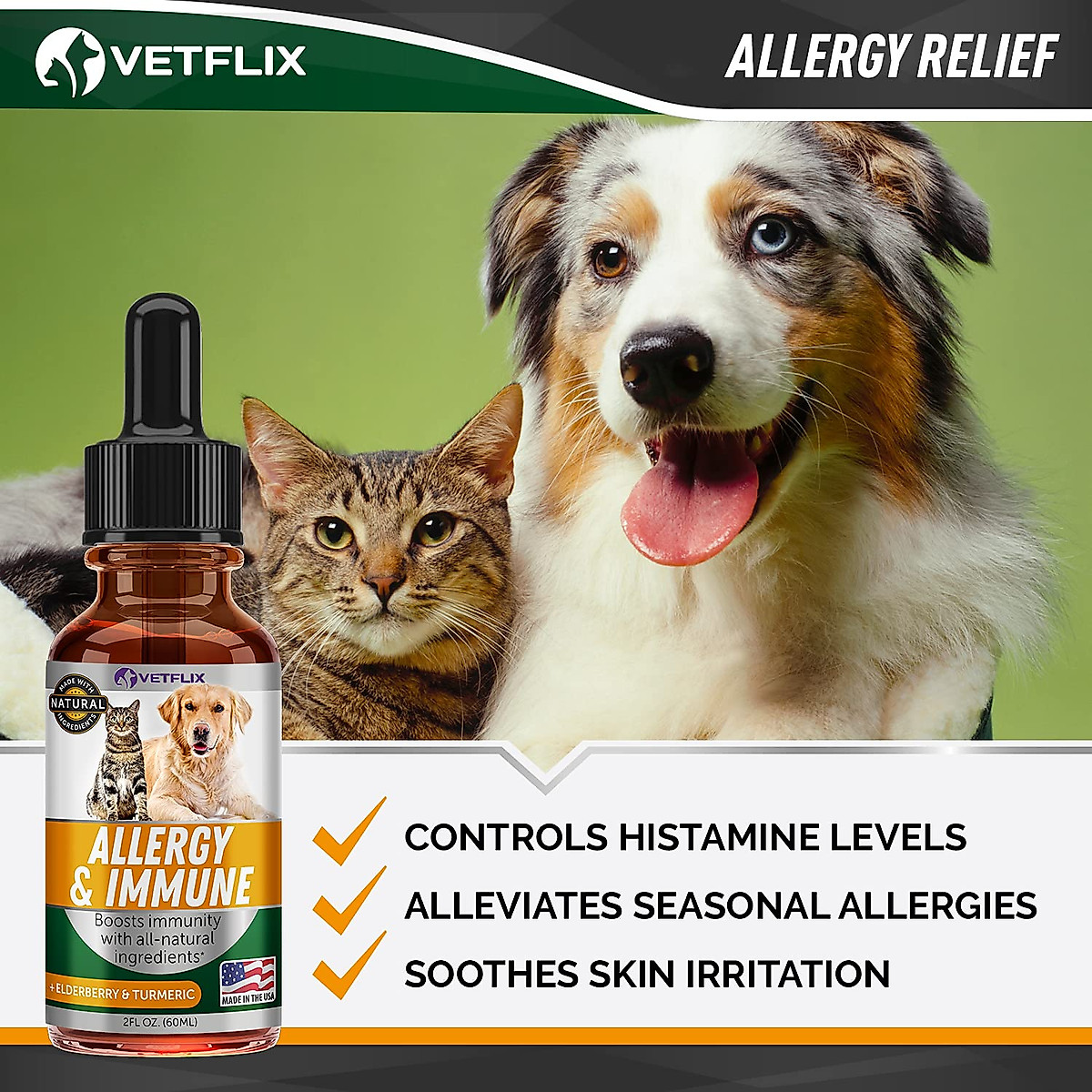 Velflix Allergy Immune Anti Itch & Hot Spots - Made in USA Natural Pet Supplement for Cat & Dog Allergy Relief with Turmeric & Milk Thistle -Seasonal Allergies Digestive Treatment for Dogs & Cats