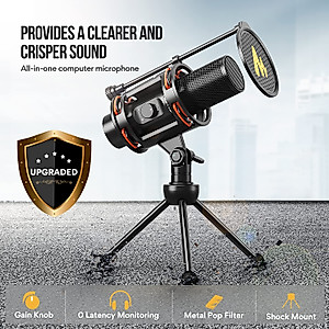 MAONO Computer Microphone All in One USB Condenser Mic 192kHz/24bit with Metal Pop Filter, Tripod, Gain Knob&0-Latency Monitoring for Zoom Meeting, Podcasting, Streaming, YouTube, Voice Over, Gaming
