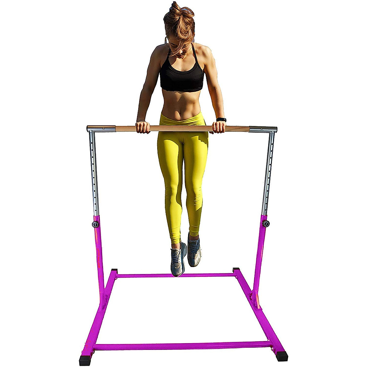 Kids Expandable Kip Bar with Tumble Mat Professional Pink Horizontal Gymnastics Asymmetric Bar 4x8 FT Mat Jungle Gym Height Adjustable 3 to 5 FT Purple Mat