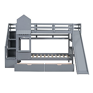 Twin Over Twin Castle Bunk Bed with Slide and Storage Stairs, Wood Playhouse Bunk Beds Frame with Shelves and Drawers, Princess Bunk Bed for Girls Boys Teens, No Box Spring Needed, Gray