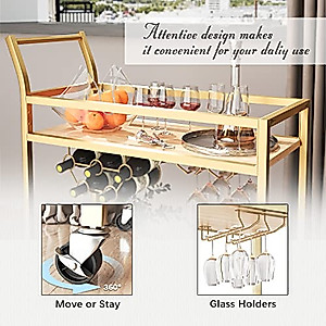 Furmax Home Industrial Serving Mobile Bar Cart on Wheels with Wine Rack and Glass Holder 2 Wood Storage Shelves for Living Room, Kitchen, Party (Gold)