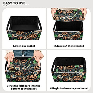 Emelivor Halloween Pumpkins Storage Basket Bins Set (2pcs) Felt Collapsible Storage Bins with Fabric Rectangle Baskets for Organizing for Office Bedroom Closet Babies Nursery Toys DVD Laundry