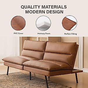 Futon Sofa Bed, Memory Foam Futon Couch with Adjustable Backrest, Multi-Functional Design Convertible Sofa Bed, Space-Saving Sleeper Sofa for Living Room(Brown-PU)