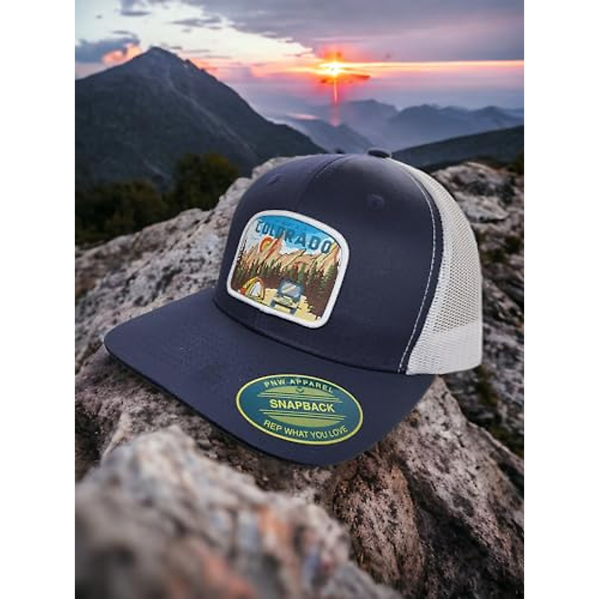 Colorado Trucker Hat - Mesh Snapback Baseball Cap w/My Heart is in Colorado Woven Patch (Navy/White)