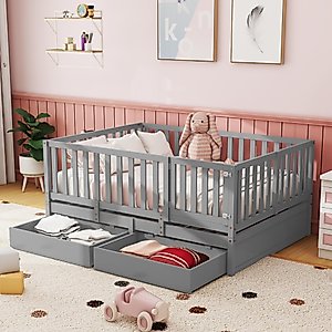 Harper & Bright Designs Kids Full Size Bed with Storage Drawers and Rails Fence, Wood Daybed Frame Montessori Bed for Girls Boys, Can Split into Independent Floor Bed & Daybed, Gray
