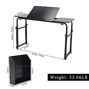 TOPINCN Overbed Table with Wheels and Storage Shelf, Height Adjustable Tiltable Table, Over The Bed Desk Laptop Cart Mobile Computer Desk (47.24inch Black)