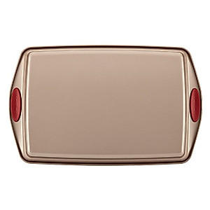 Rachael Ray Cucina Nonstick Bakeware Set Baking Cookie Sheets Cake Muffin Bread Pan, 10 Piece, Latte Brown with Cranberry Red Grips