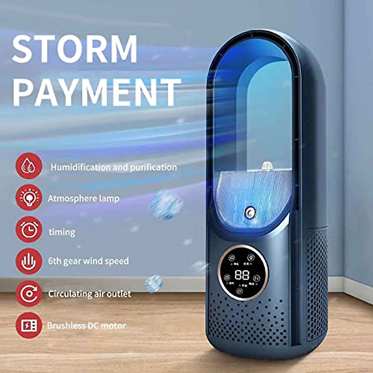 Portable Air Conditioner, USB Leafless Fan Household Dormitory Office Desktop Humidification Electric Fan, Multifunctional Timing Air Conditioning Fan, for Office Bedroom Travel Camping (Blue)
