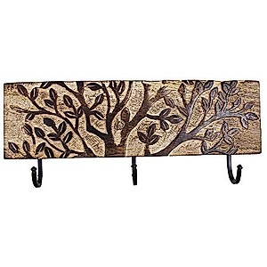 EARTHLY HOME Premium Hand Carved Wooden Wall Hanging Key Rack Key Holder Tree of Life Pattern Decorative Showpiece with 3 Hooks | Home Kitchen Decor |Key Organiser-Antique Look-Vintage Design