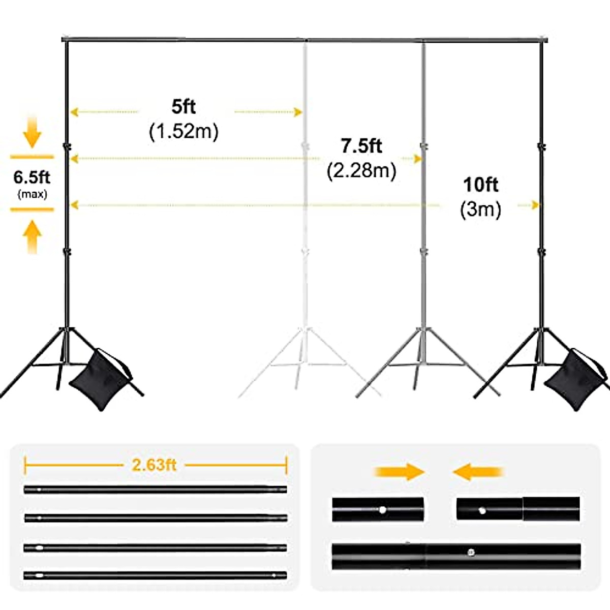 Backdrop Stand for Parties, CPLIRIS 6.5x10ft Adjustable Photo Backdrop Stand Background Support with 4 Spring Clips, 2 Sandbag, 4 Backdrop Holder Clip for Parties, Baby Shower, Birthday