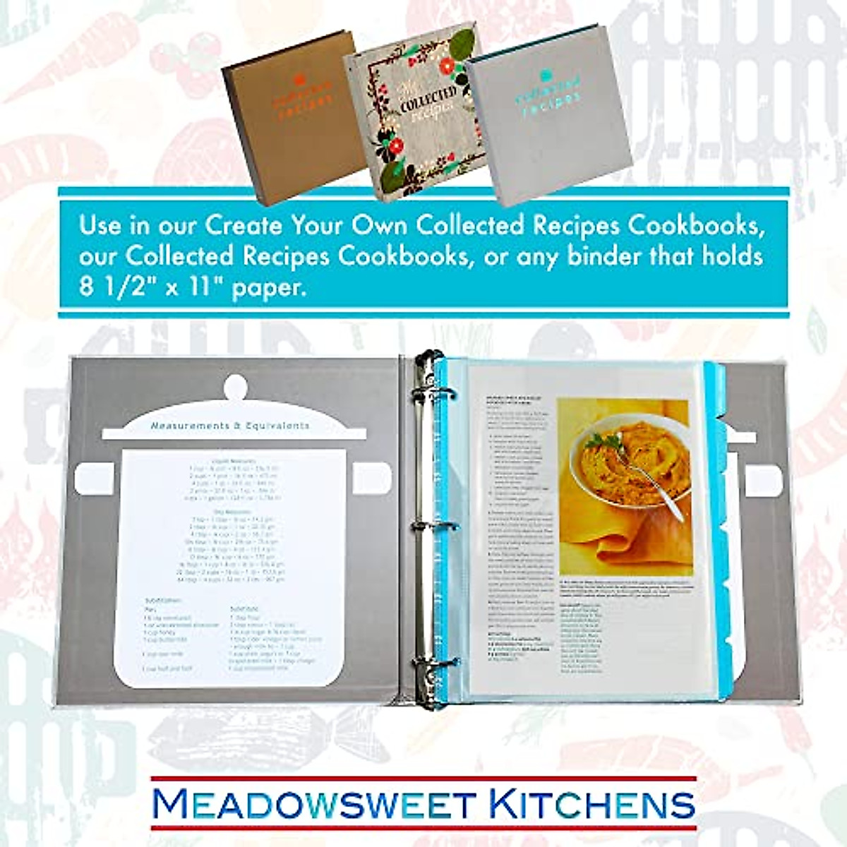 Meadowsweet Kitchens Full Size Clear Plastic Sheets Protector Pages for Recipe Organizer - 20 Clear Sheet Protectors for 3 Ring Binder, Plastic Sleeves for Paper Recipes, 8.5 x 11 Page, 3 Hole Punched