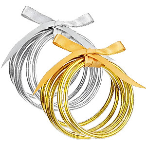 Alphatool Glitter Jelly Bangles Bracelets for Women - Soft Silicone Glitter Filled Bracelet, Bowknot Sparkling Fashion Bangles for Ladies, Girls Lightweight Cute (10 Pack, Gold & Sliver)