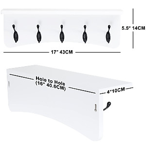 Dseap Wall Shelf with 5 Hooks - 17-Inch Heavy Duty Coat Rack Wall Mount with Shelf, Entryway Shelf with Hooks Underneath - Solid Pine Wood - for Entryway, Mudroom, Kitchen, Bathroom, White TEG01B