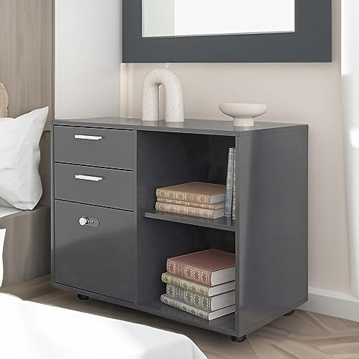 Heliosphere Modern 3 Storage Drawer File Cabinet with Coded Lock, Wood Printer Stand with Open Storage Shelves/Mobile Lateral Filing Cabinet/Easy Assemble for Home Office Bedroom (Dark Gray)