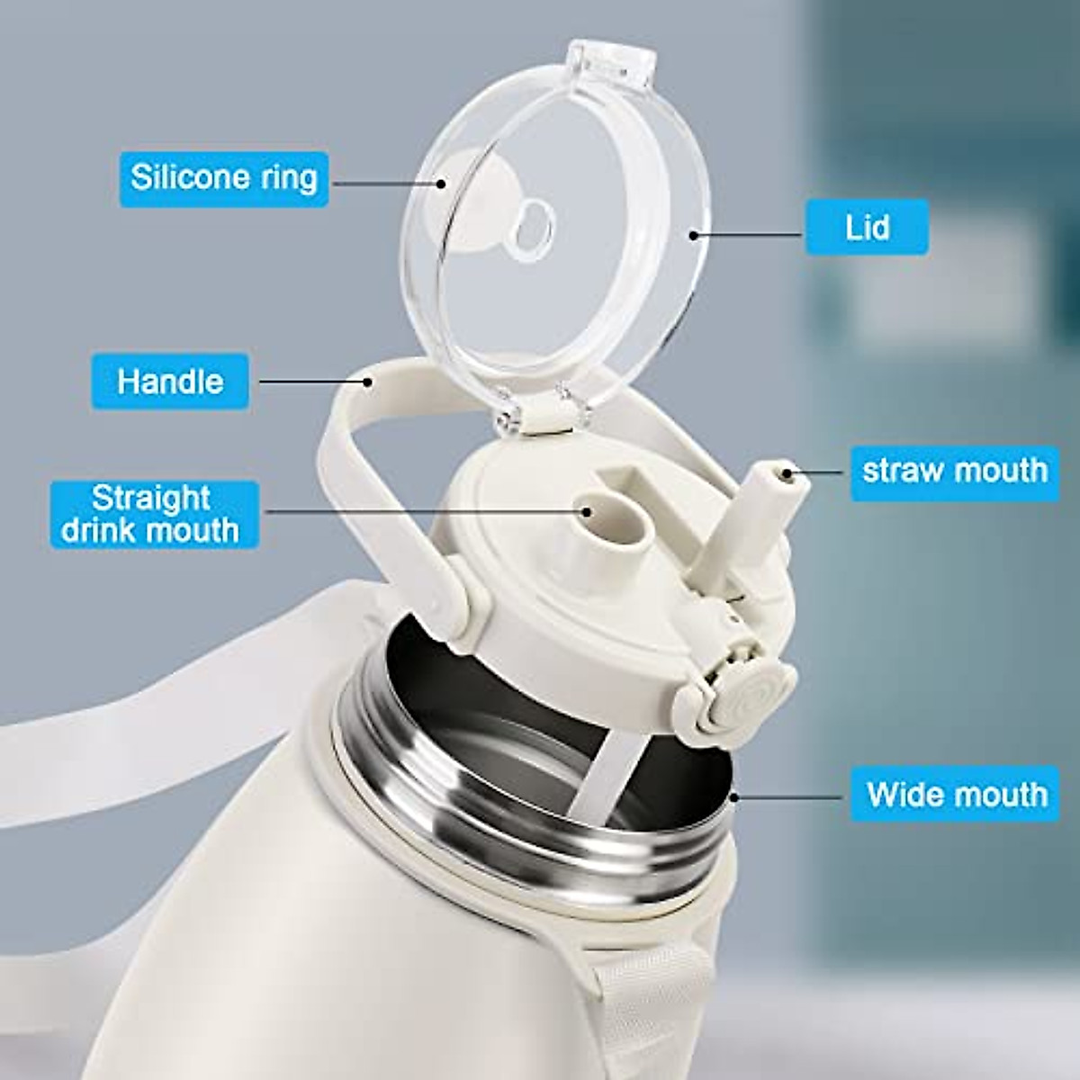 VAlinks Big Belly Stainless Steel Water Bottle with Shoulder Strap, Handle & Cute Stickers, 32oz/900ml Cute Insulated Water Bottle with Straw, Leak Proof Flip-Top Lid Vacuum Bottle, White