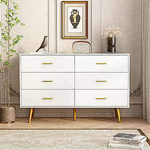 White Dresser for Bedroom, 6 Drawer Wood Dresser with Golden Handles, Modern Dressers & Chests of Storage Drawer for Entryway Hallway