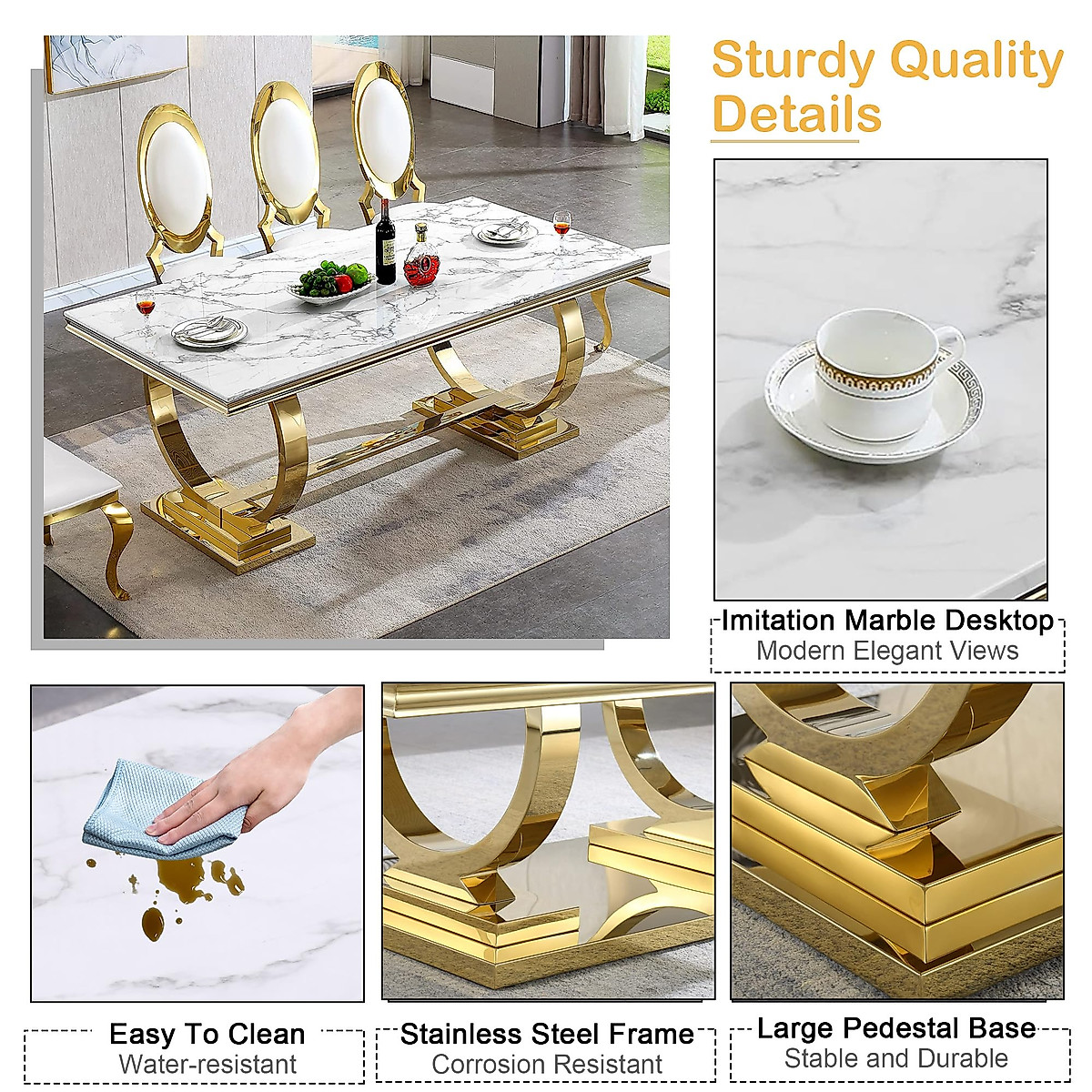 70" Modern Marble Dining Table, Luxury Gold Rectangular Kitchen Table for 6-8, Mid-Century White Faux Marble Dining Room Table with Mirrored Stainless Steel Pedestal Base for 6