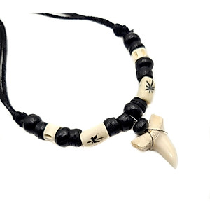 Swimmi Genuine Shark Tooth Necklace for Men, Mako Shark Tooth Necklace, Handmade Wooden Beads Cords Surfer Shark Tooth Necklace for Women Jewelry GA384