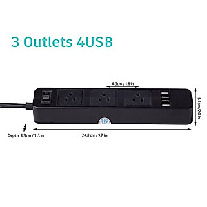 2 Prong Power Strip Surge Protector with 3 Outlet 4 USB, Two Prong Power Cord 6.6 FT Extension Cords for Non-Grounded Outlets Black