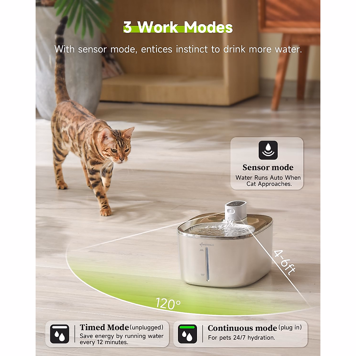 APD APETDOLA Wireless Cat Water Fountain, 135 fl oz/4L Battery Operated Cat Fountain Stainless Steel with Water Level Window, 3 Work Modes, Cordless Pet water Fountain for Cats, Dogs, Pets, Inside