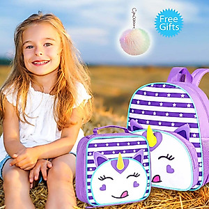 FTJCF 3PCS Toddler Backpack for Girls, 12" Unicorn Kindergarten Bookbag, Preschool Kids School Bag with Lunch Box - Purple