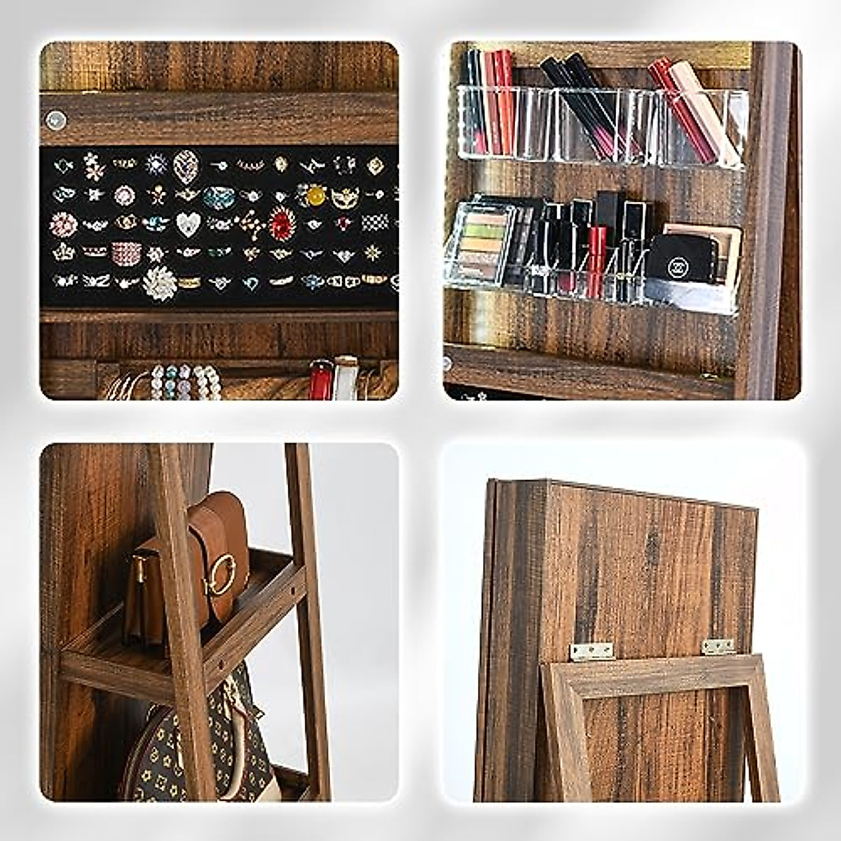 HNEBC LED Light Jewelry Organizer Mirror 360°Rotating, Armoire with Door Mirror, Full Length Cabinet Storage, Large Boxes & Organizers（A Light Brown）