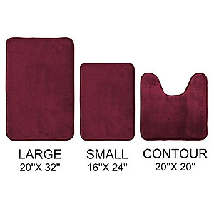 AOACreations Memory Foam Bath Rug, Bathroom Mat Set of 3, Soft, Plush, Absorbent, Low Pile, Includes 1 Large 20" x 32", 1 Contour 20" x 20", 1 Small 16" x 24" (Burgundy)