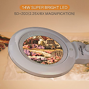 bemelux Bifocals Magnifying Desk Lamp with Clamp, 5 Diopter with 20 Diopter, 6 Inch Detachable Lens and 120PCS LEDs, 3 Color Modes 1200 Lumens Swivel Arm Magnifying Lamp with Light for Crafts