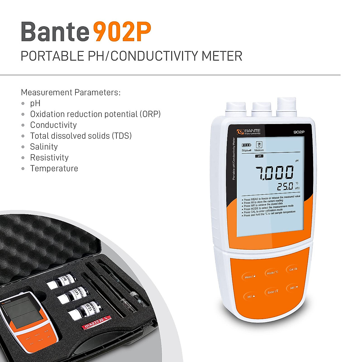 Bante 902P Portable pH Conductivity Meter | Multi-Parameter Meter for Measuring pH, Conductivity, TDS, Salinity, Resistivity, ORP and Temperature | Accuracy ±0.002 pH, ±1% F.S.