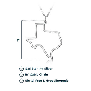 MORGAN & PAIGE Texas State Necklace - Rhodium Plated 925 Sterling Silver Necklace With Texas Shaped Pendant and 18 Inch Cable Chain - Hometown State Patriotic Necklace For Women