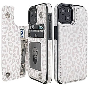HAOPINSH for iPhone 13 Mini Case Wallet with Card Holder, White Leopard Cheetah Print Back Flip Folio PU Leather Kickstand Card Slots Case for Women Girls, Double Magnetic Clasp Shockproof Cover 5.4"
