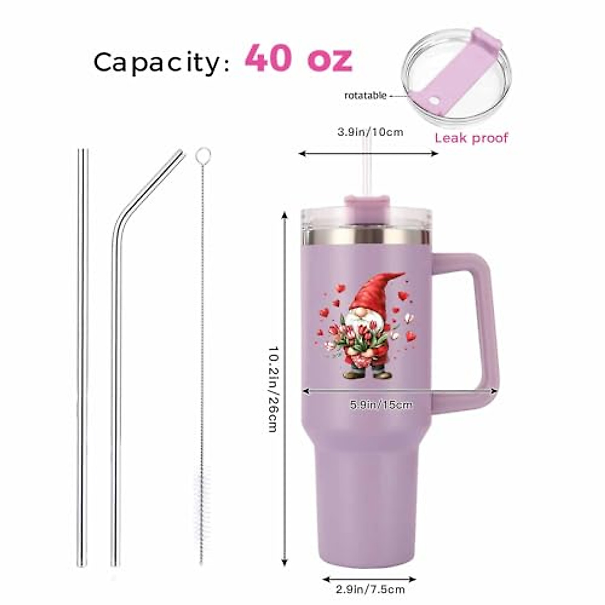 LB LEOBON 40 ounce insulated cup with handle, double-layer vacuum stainless steel material, equipped with straw, can keep warm or maintain cold drinks Gnome Love Bouquet P Fragrant taro purple