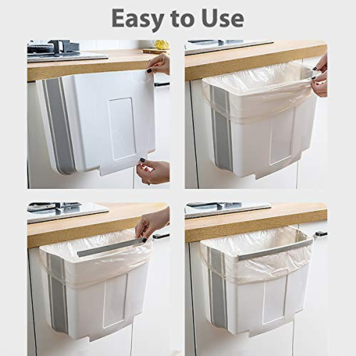 AYADA Kitchen Folding Trash Can, Widened Hanging Collapsible Garbage Can Door Mount Over Cabinet Door Drawer Counter Foldable Plastic Hook Waste Bin Basket with Garbage Bag RV 2.9 Gal